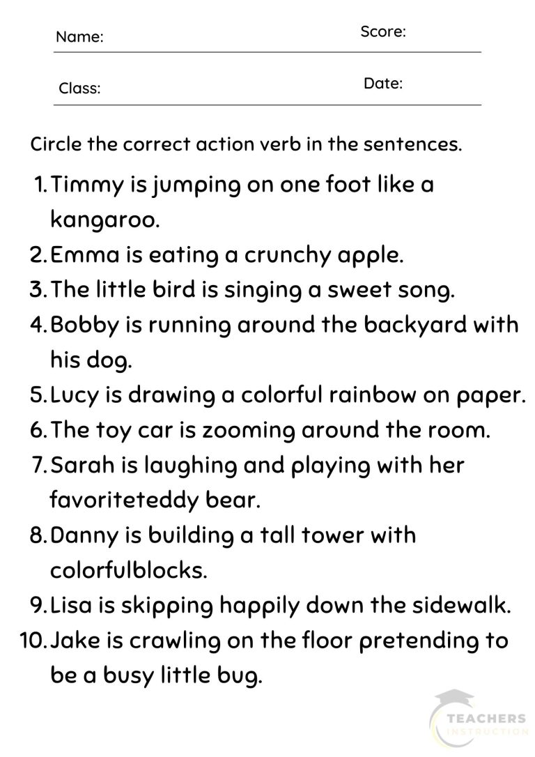 Action Verbs Worksheets For Grade 1