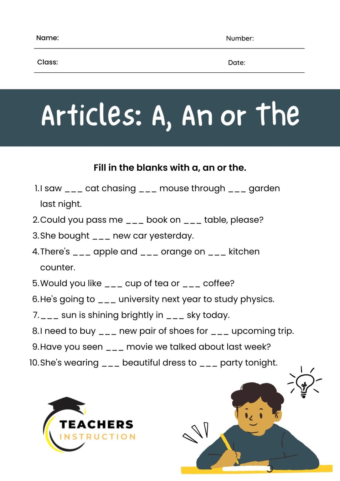 Article Worksheet For Grade 1